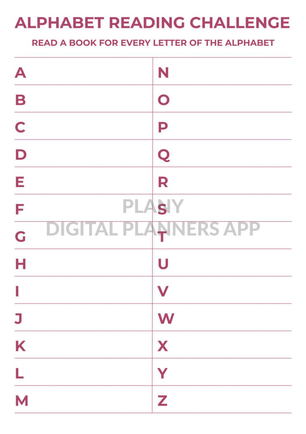 Alphabet reading challenge - Free Digital Planners