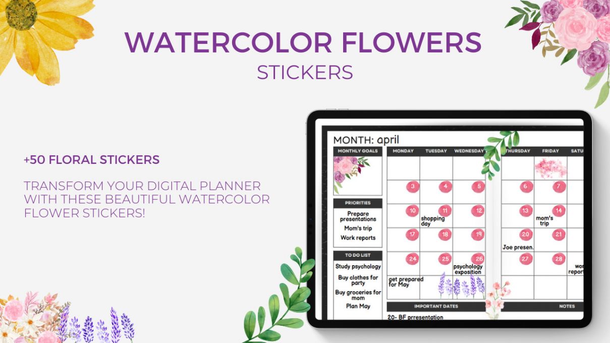 Watercolor Flower Stickers - Free Digital Planners