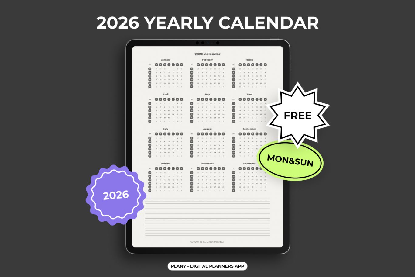 2026 yearly vertical calendar - Free Digital Planners