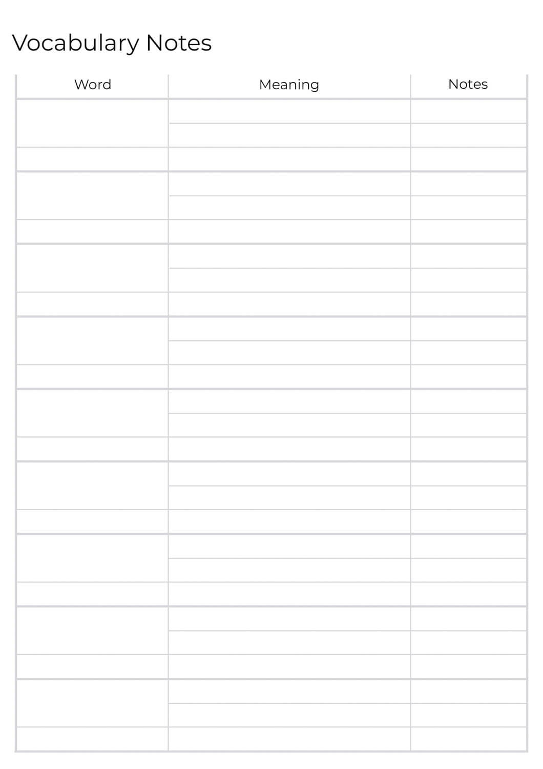 Vocabulary Notes - Free Digital Planners
